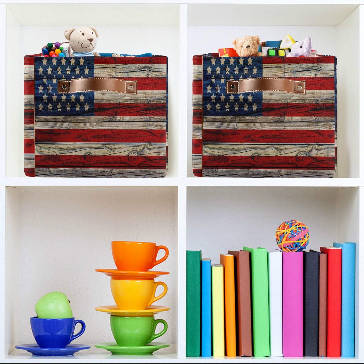 AUUXVA American Flag Patriotic Wooden Storage Basket Bin Memorial Day Large Fabric Toys Storage Cube Box with Handles Collapsible Closet Shelf Cloth Organizer Basket for Nursery Bedroom Bathroom