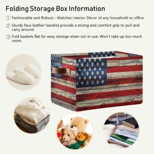 AUUXVA American Flag Patriotic Wooden Storage Basket Bin Memorial Day Large Fabric Toys Storage Cube Box with Handles Collapsible Closet Shelf Cloth Organizer Basket for Nursery Bedroom Bathroom