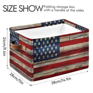 AUUXVA American Flag Patriotic Wooden Storage Basket Bin Memorial Day Large Fabric Toys Storage Cube Box with Handles Collapsible Closet Shelf Cloth Organizer Basket for Nursery Bedroom Bathroom