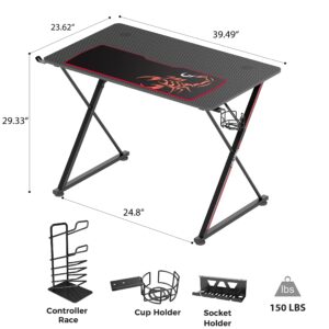 EUREKA ERGONOMIC Gaming Desk 39 Inch,PC Computer Desk, X Shaped Gaming Computer Desk with Mouse Pad, Carbon Fiber Surface Home Office Gamer Desk with Cup Holder & Headphone Hook & Controller Stand