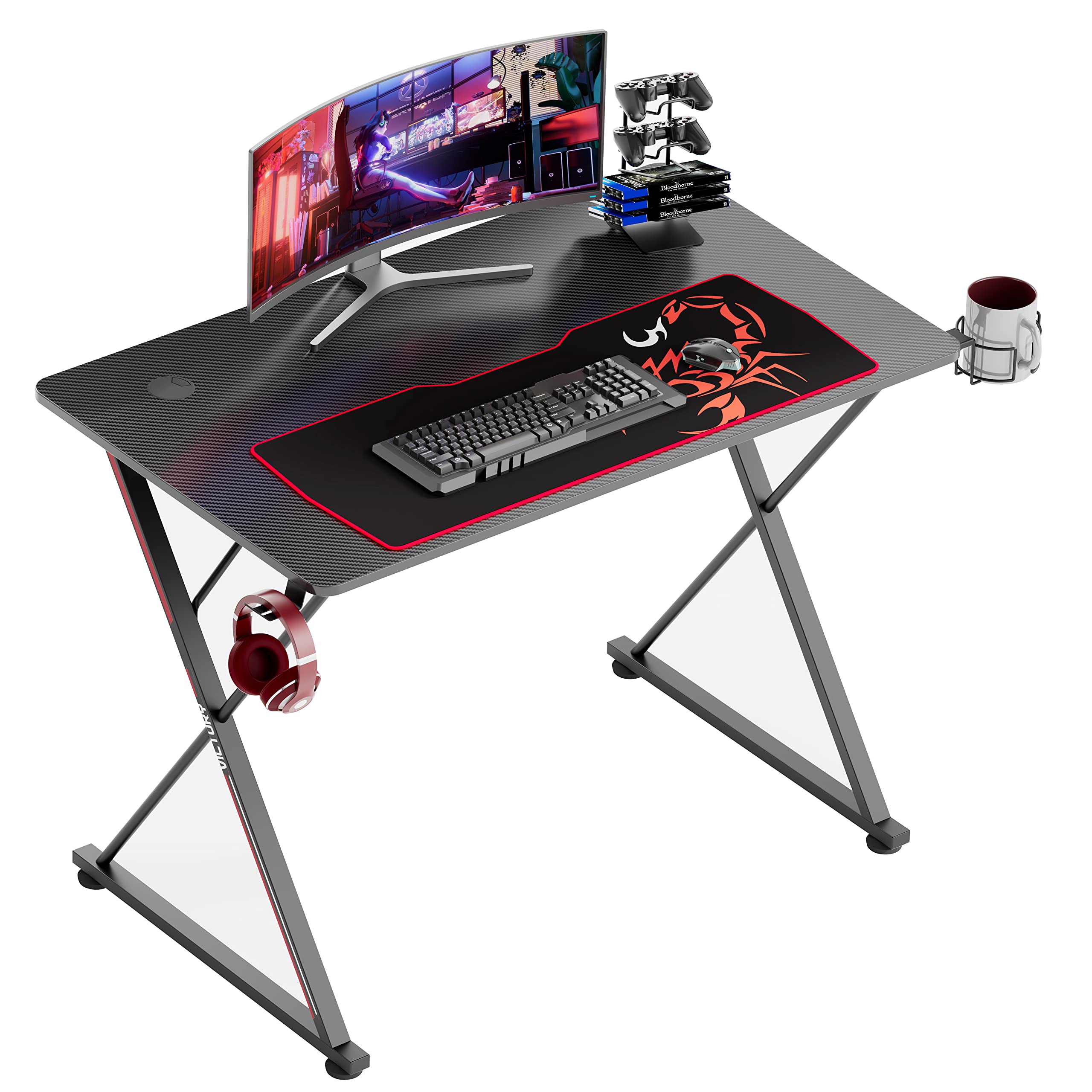 EUREKA ERGONOMIC Gaming Desk 39 Inch,PC Computer Desk, X Shaped Gaming Computer Desk with Mouse Pad, Carbon Fiber Surface Home Office Gamer Desk with Cup Holder & Headphone Hook & Controller Stand