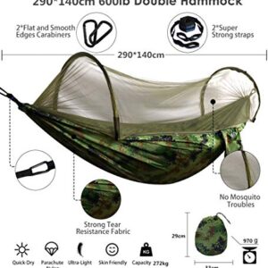 Camping Hammock Portable Hammock with Net Double Hammock with Parachute Fabric 115" 55" Hammock Net for 2 Persons Tree Tent Outdoors (Camouflage)