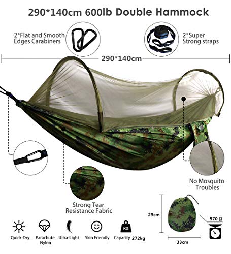 Camping Hammock Portable Hammock with Net Double Hammock with Parachute Fabric 115" 55" Hammock Net for 2 Persons Tree Tent Outdoors (Camouflage)