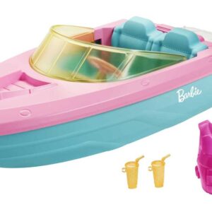 Barbie Toy Boat with Pet Puppy, Life Vest & Beverage Accessories, Fits 3 Dolls & Floats in Water