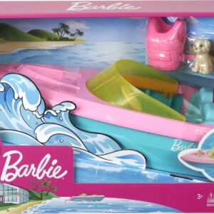 Barbie Toy Boat with Pet Puppy, Life Vest & Beverage Accessories, Fits 3 Dolls & Floats in Water