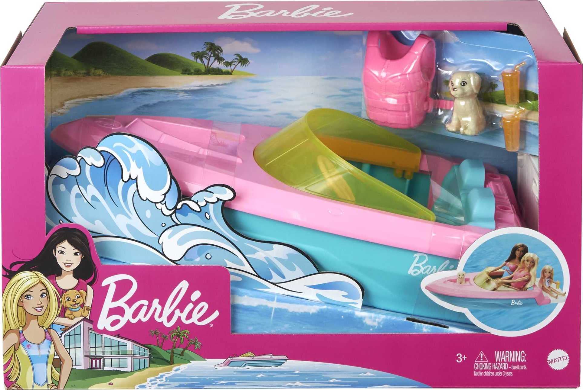 Barbie Toy Boat with Pet Puppy, Life Vest & Beverage Accessories, Fits 3 Dolls & Floats in Water