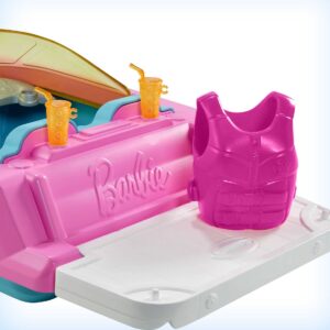 Barbie Toy Boat with Pet Puppy, Life Vest & Beverage Accessories, Fits 3 Dolls & Floats in Water