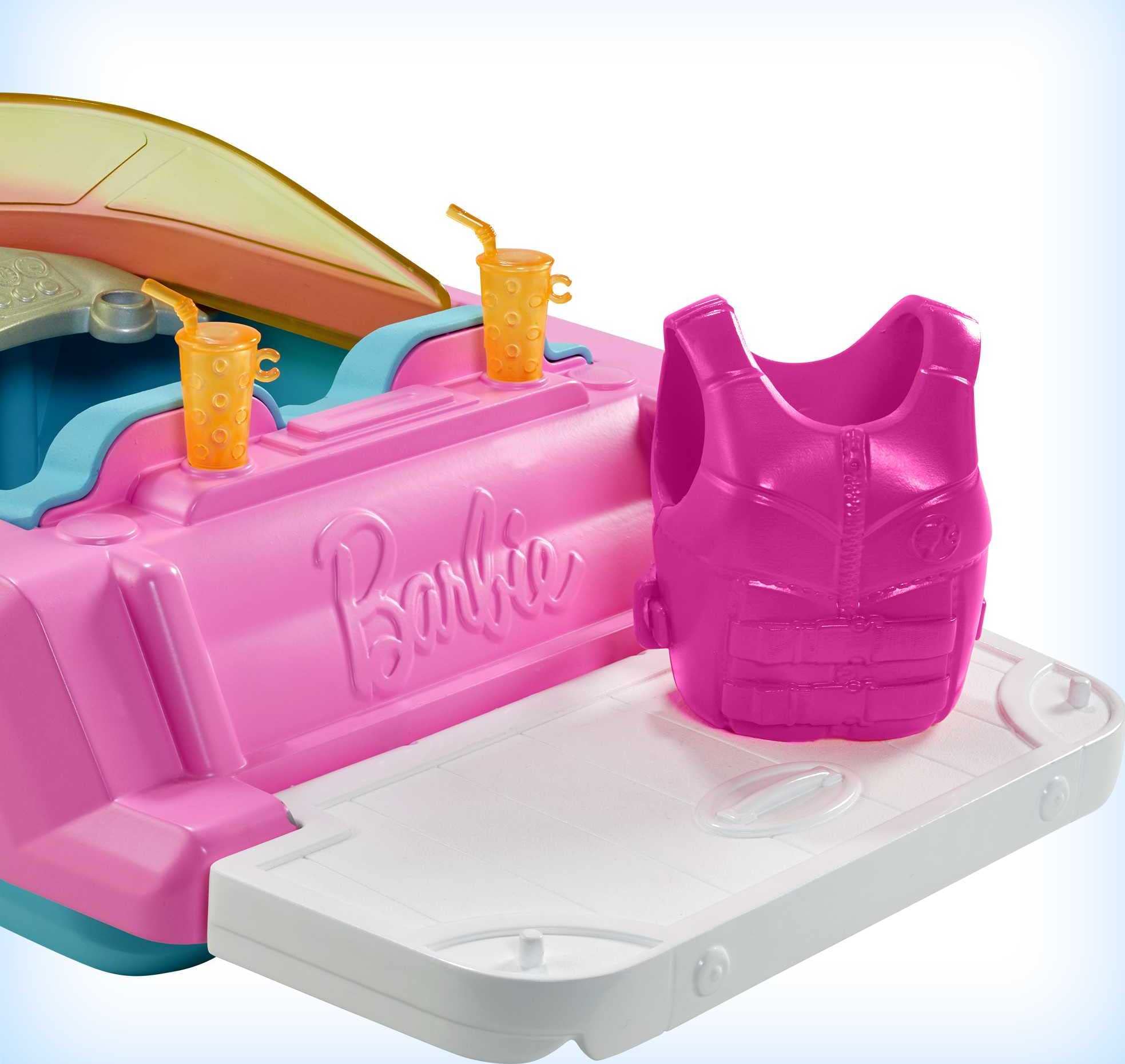 Barbie Toy Boat with Pet Puppy, Life Vest & Beverage Accessories, Fits 3 Dolls & Floats in Water