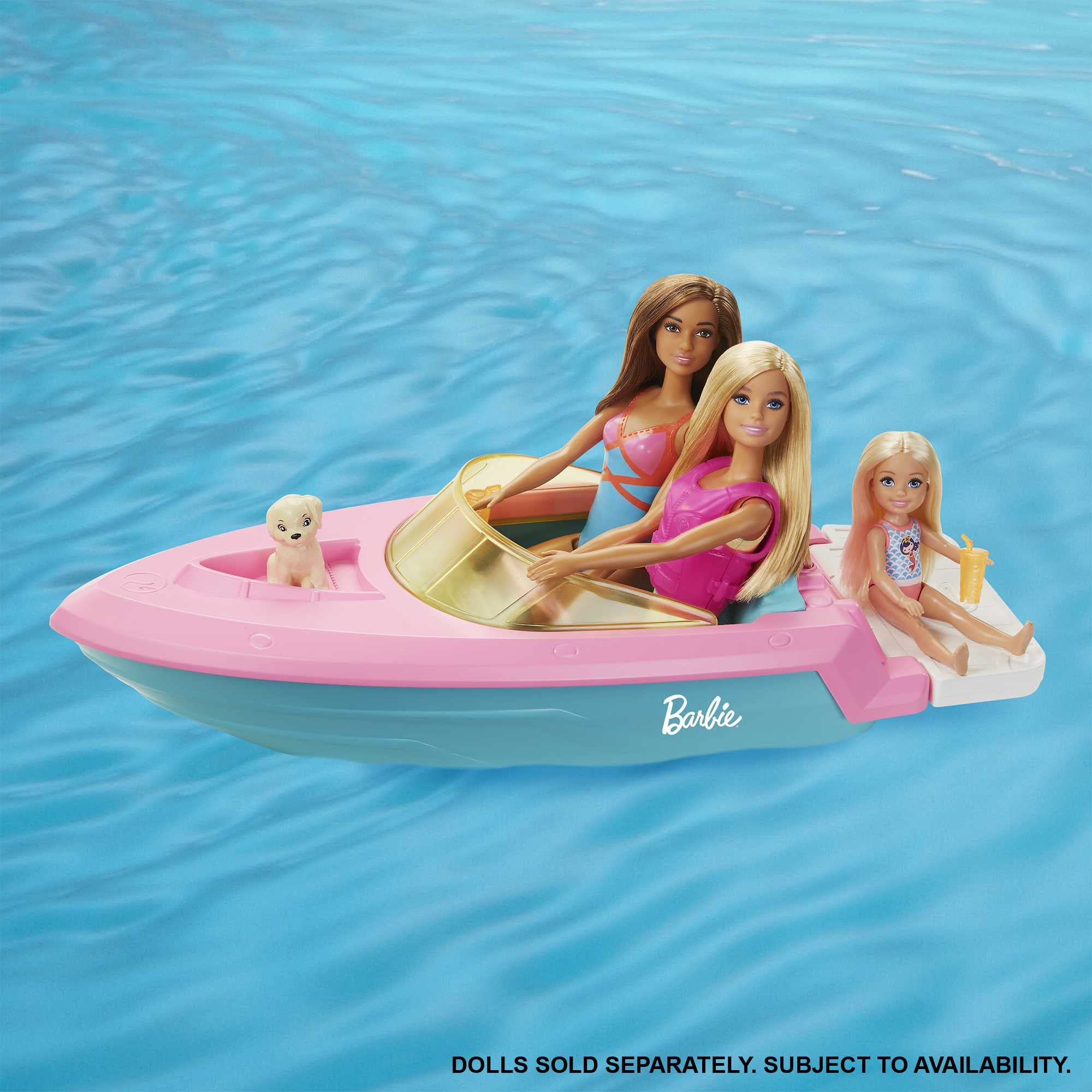 Barbie Toy Boat with Pet Puppy, Life Vest & Beverage Accessories, Fits 3 Dolls & Floats in Water