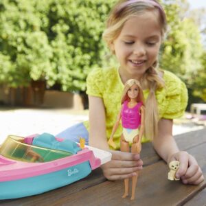 Barbie Toy Boat with Pet Puppy, Life Vest & Beverage Accessories, Fits 3 Dolls & Floats in Water