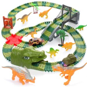 dinosaur track toys, 200+ pcs create a dinosaur world road race, flexible track playset with 1 dinosaur car,1 race car,8 dinosaurs for 3 4 5 6 year & up old boys girls kids toddlers great gift