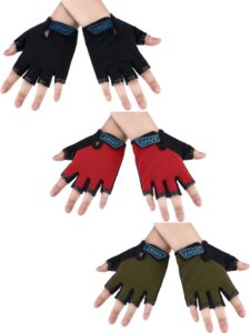 3 pairs kids bike gloves half finger gloves mtb road sport gloves anti-slip gel gloves for children cycling biking breathable gloves (,black, army green, red?4-8 years)