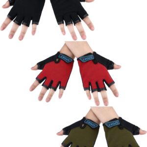 3 Pairs Kids Bike Gloves Half Finger Gloves MTB Road Sport Gloves Anti-Slip Gel Gloves for Children Cycling Biking Breathable Gloves (,Black, Army Green, Red?4-8 Years)