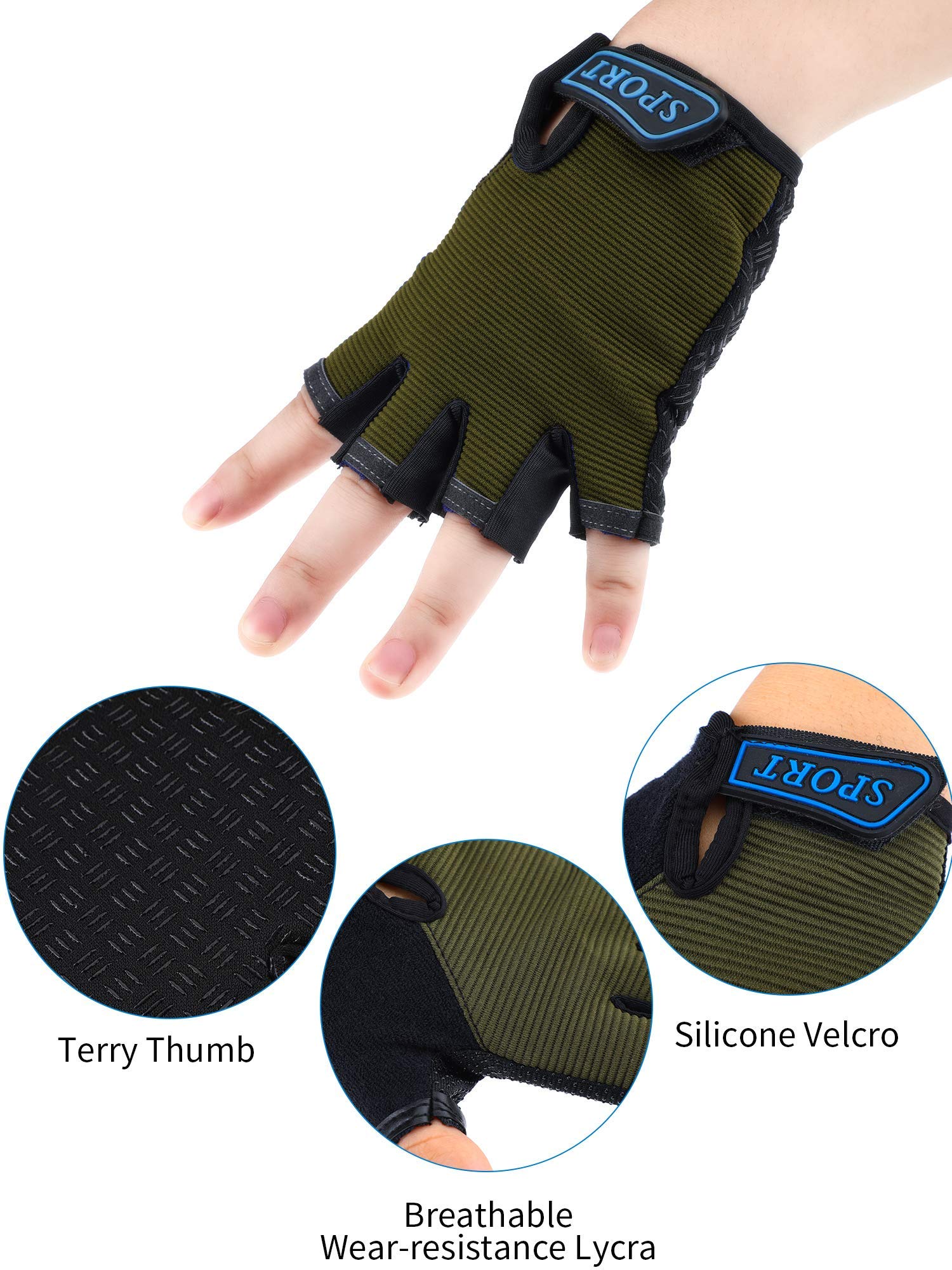 3 Pairs Kids Bike Gloves Half Finger Gloves MTB Road Sport Gloves Anti-Slip Gel Gloves for Children Cycling Biking Breathable Gloves (,Black, Army Green, Red?4-8 Years)