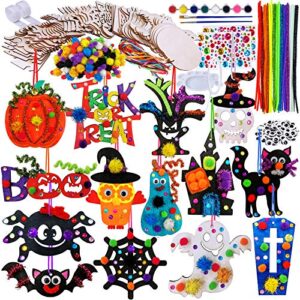 winlyn 56 sets halloween decorations diy hanging wooden halloween ornaments halloween craft kits paintable unfinished wood pumpkin ghost spider googly eyes for kids art activity trick or treat décor