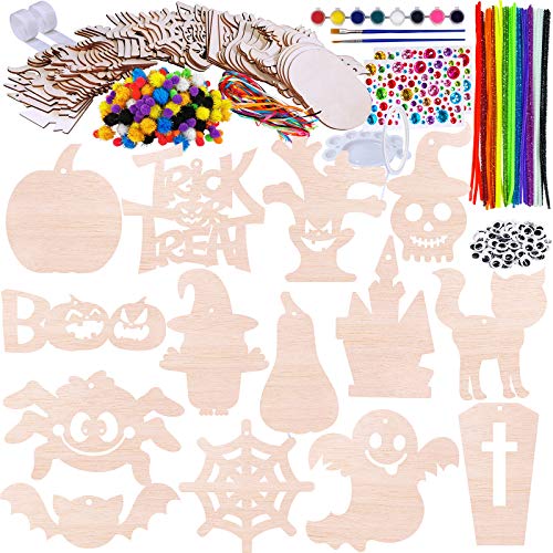 Winlyn 56 Sets Halloween Decorations DIY Hanging Wooden Halloween Ornaments Halloween Craft Kits Paintable Unfinished Wood Pumpkin Ghost Spider Googly Eyes for Kids Art Activity Trick or Treat Décor