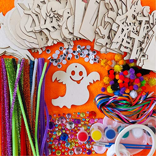 Winlyn 56 Sets Halloween Decorations DIY Hanging Wooden Halloween Ornaments Halloween Craft Kits Paintable Unfinished Wood Pumpkin Ghost Spider Googly Eyes for Kids Art Activity Trick or Treat Décor