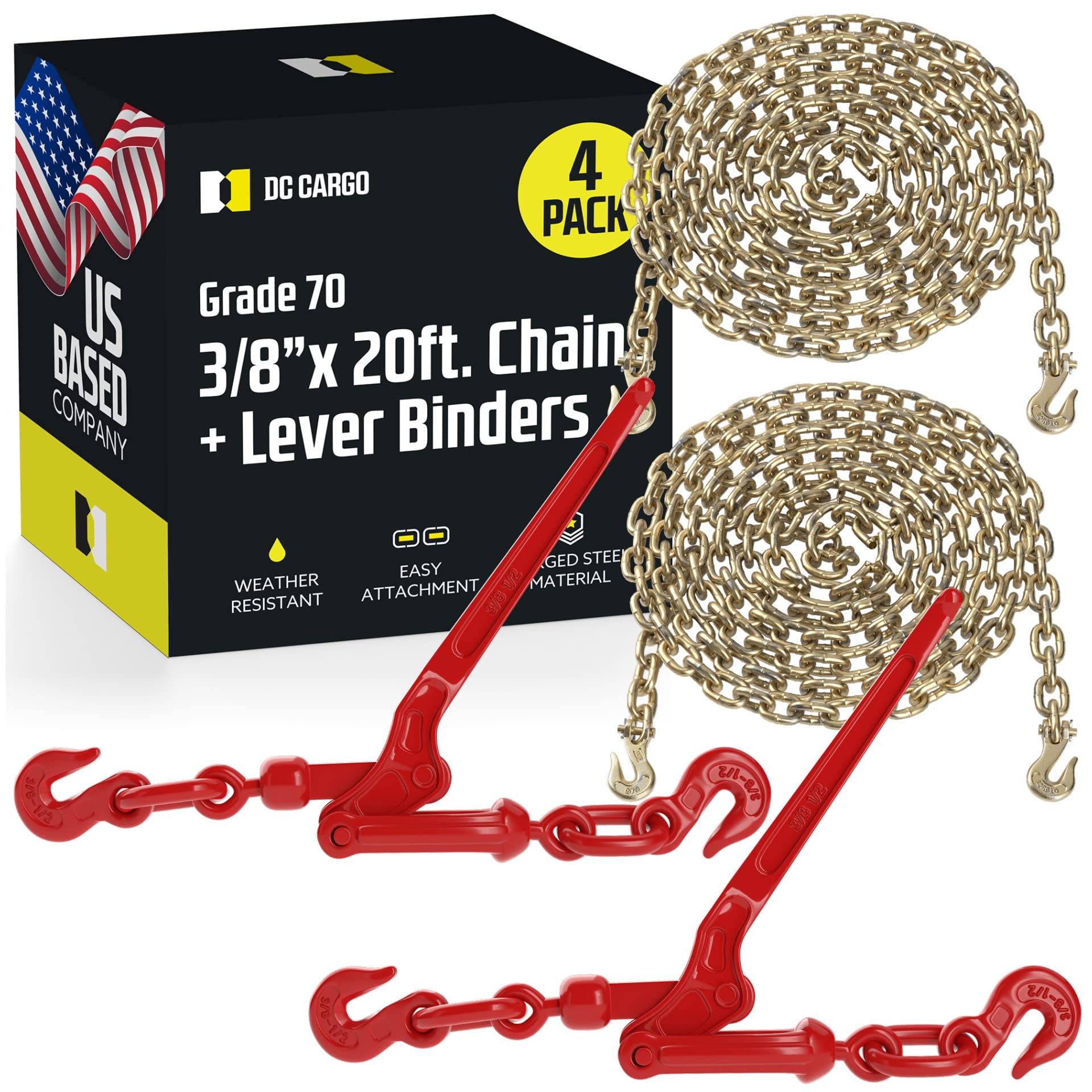 DC Cargo Chain Binder Kit (2 Sets) | 3/8" Grade 70 Extra Long 20 Foot Chain - and Load Binder Set | Heavy Duty Ratcheting Chain and Binder | Load Chain and Binders – 6,600lb Working Load Limit As Set