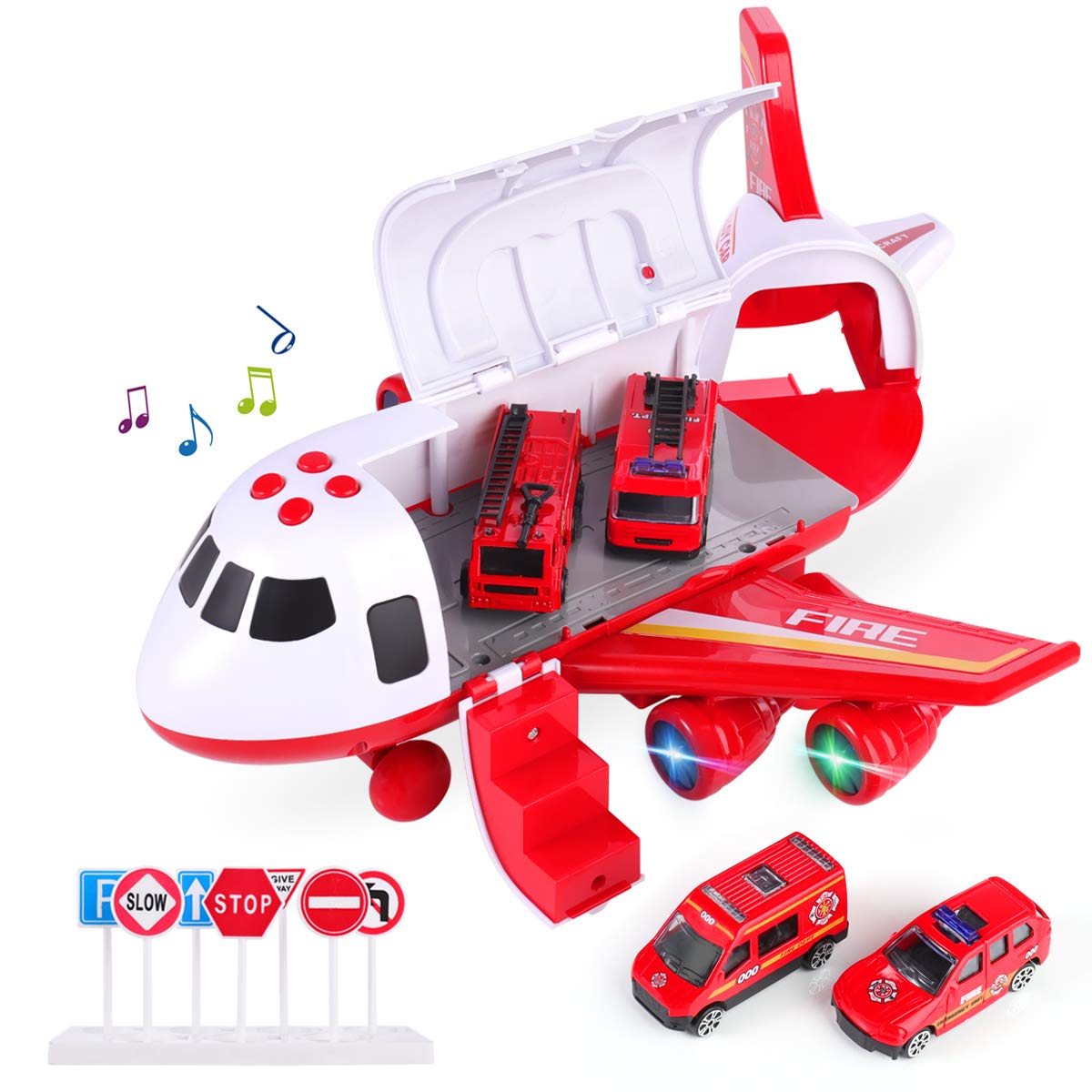 Airplane Toys, Cars Toys Set Fire Truck/Engineering Vehicle/Police Car Toys Christmas Birthday Gift for 3 4 5 6 Years Old Boys Toddlers Deformable Aircraft Storage Cars Toy (red in Blue Police Box)