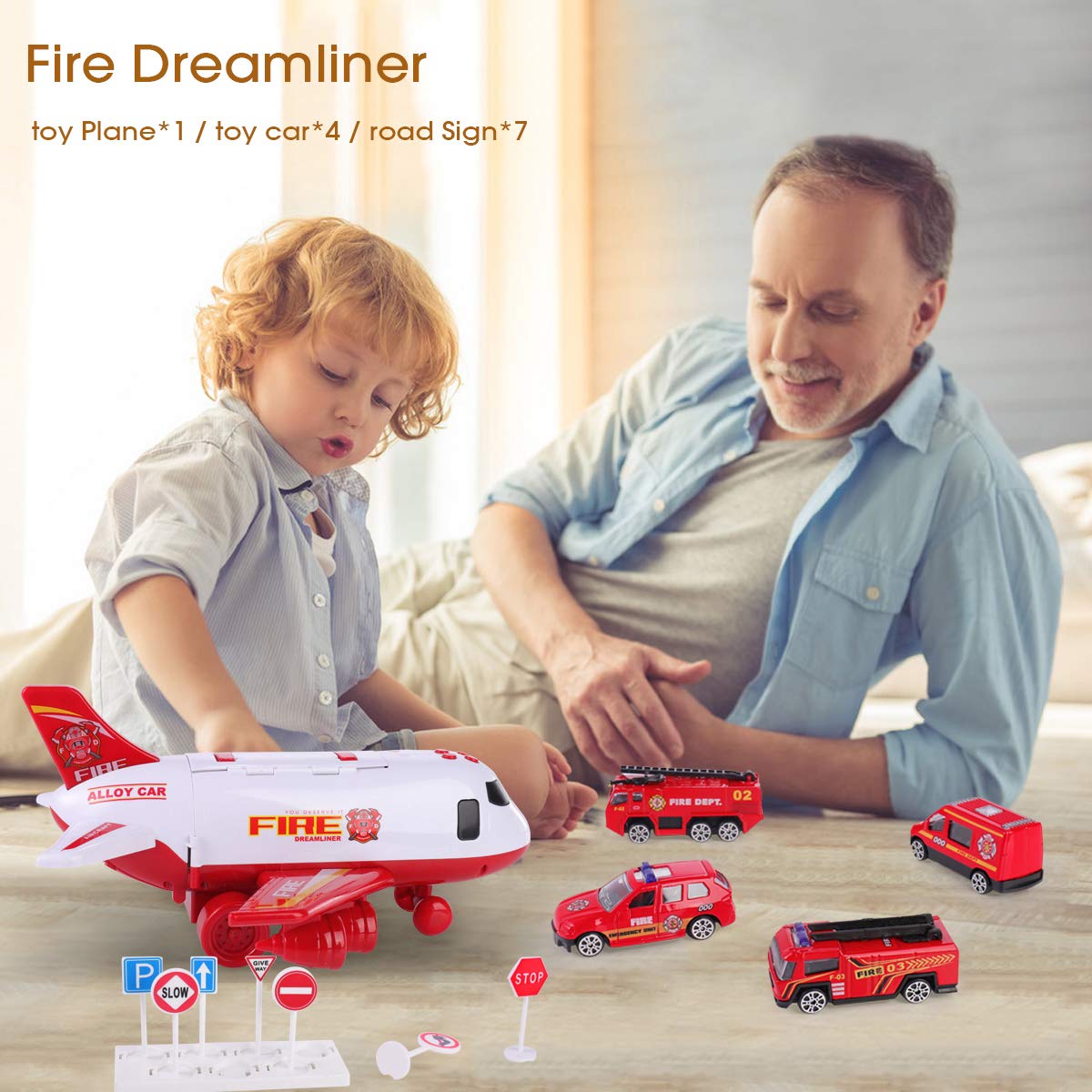 Airplane Toys, Cars Toys Set Fire Truck/Engineering Vehicle/Police Car Toys Christmas Birthday Gift for 3 4 5 6 Years Old Boys Toddlers Deformable Aircraft Storage Cars Toy (red in Blue Police Box)