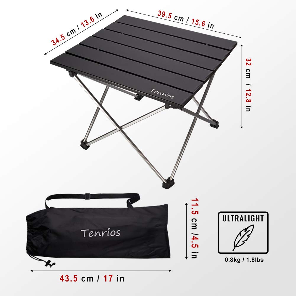 TENRIOS Portable Camping Table, Collapsible Beach Table Folding Side Table Aluminum Top with Carry Bag for Outdoor Cooking, Hiking, Travel, Picnic, RV Fold Black