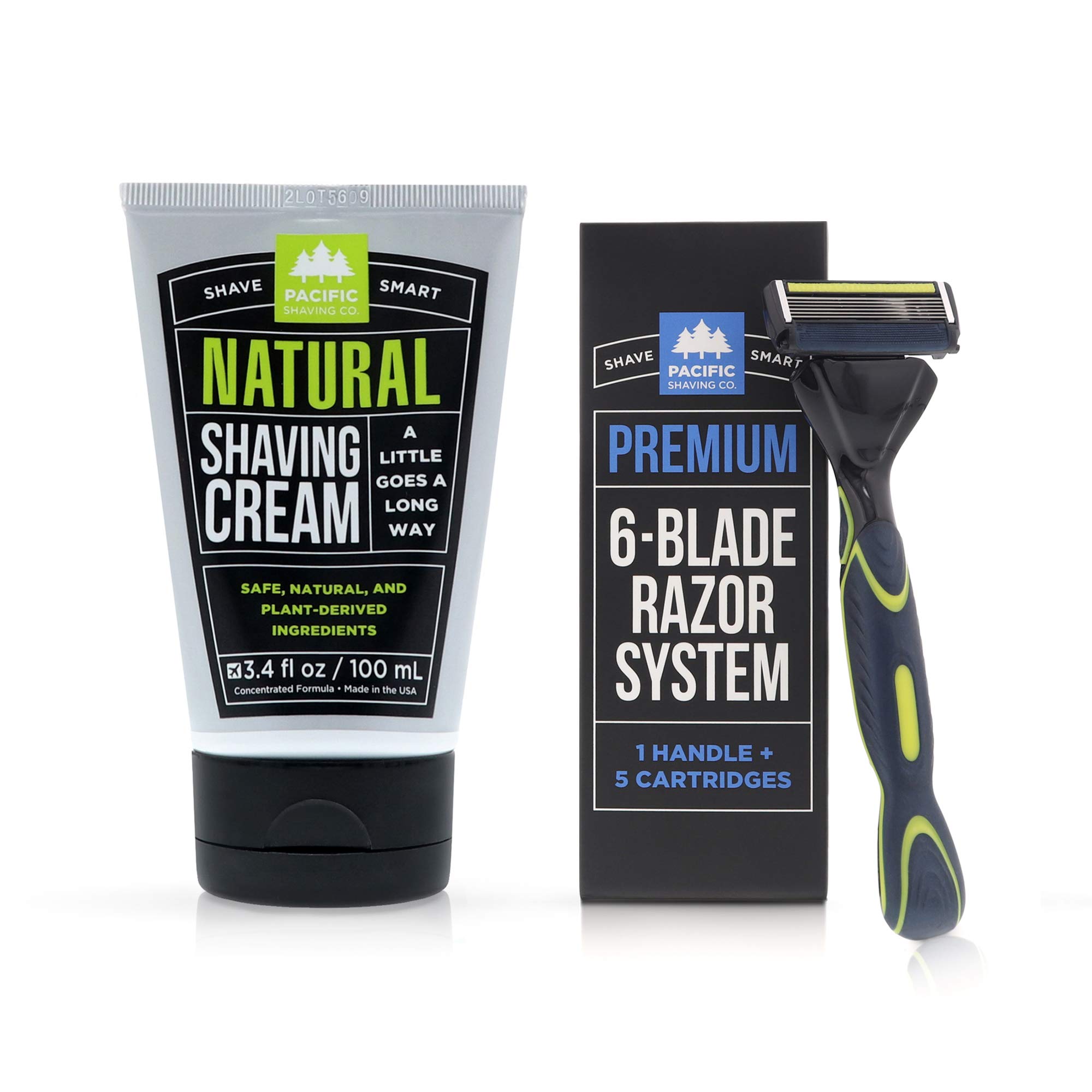 Pacific Shaving Company Premium 6-Blade Razor System and Natural Shaving Cream 3.4 oz Bundle - Ergonomic Weighted Razor Handle and 5 Blades with Safe, Natural Shave Cream (1ea)