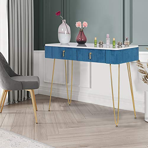 Joveco 39’’ Vanity Table with 2 Drawers- Modern Makeup Vanity Desk- Dressing Table Small Desks for Bedrooms- Home Office Computer Desk- White Marble Wood Veneer/Gold Metal Legs/Blue Soft Microfiber