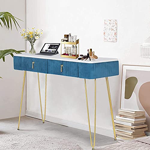 Joveco 39’’ Vanity Table with 2 Drawers- Modern Makeup Vanity Desk- Dressing Table Small Desks for Bedrooms- Home Office Computer Desk- White Marble Wood Veneer/Gold Metal Legs/Blue Soft Microfiber