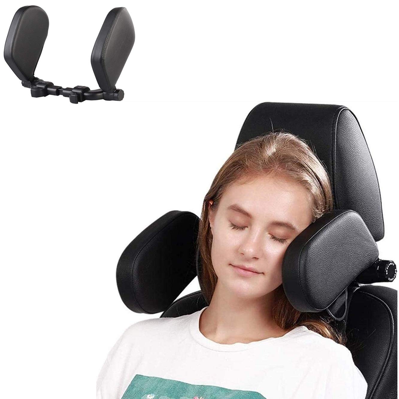 Car Seat Headrest Pillow,Travel Sleeping Head Neck Support,Memory Foam Neck Pillow for Kids,Adjustable on Both Sides-Sleep Better in The Car(PVC Black)