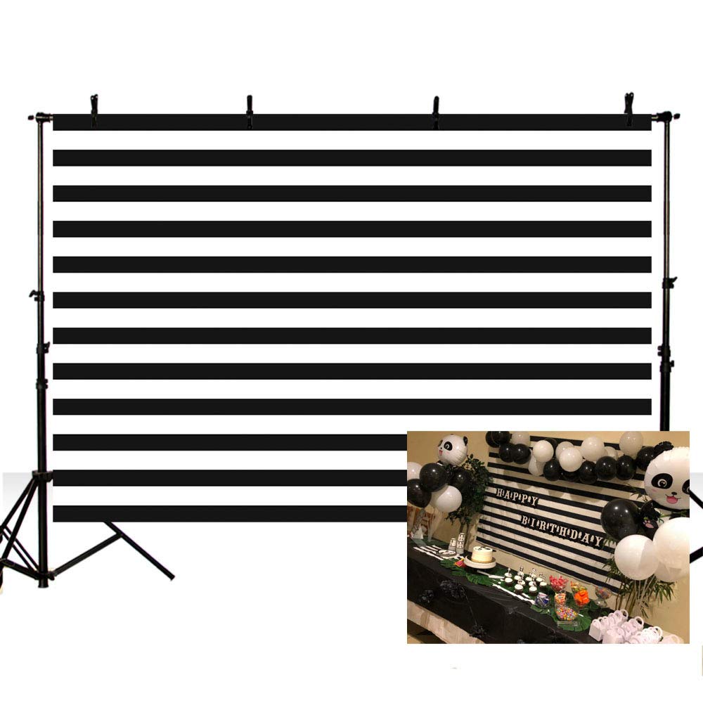 MEHOFOND Black and White Stripes Photography Backdrop Props Happy Birthday Baby Shower Party Decor Bday Banner Photo Studio Booth Background for Cake Table Supplies 5x3ft