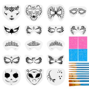 31 pieces face stencils kit, 17 reusable large face paint stencils, 4 small stick paint stencils and 10 pieces painting brushes for kids face painting, tattoo stencils, holiday halloween makeup