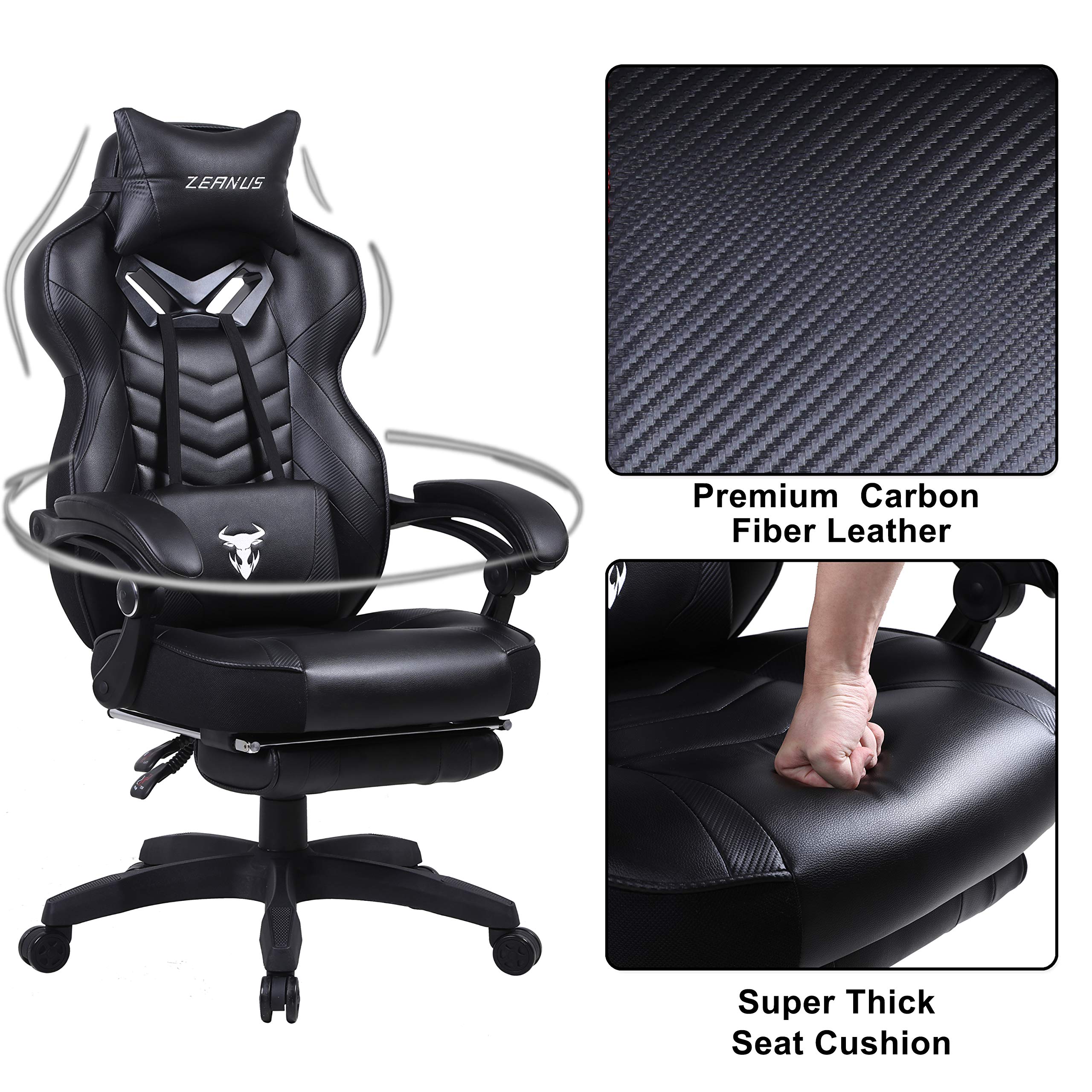 Zeanus Gaming Chairs for Adults Black Recliner Computer Chair with Footrest Ergonomic PC Gaming Chair with Massage High Back Chair for Gaming Big and Tall Gamer Chair Large Computer Gaming Chair