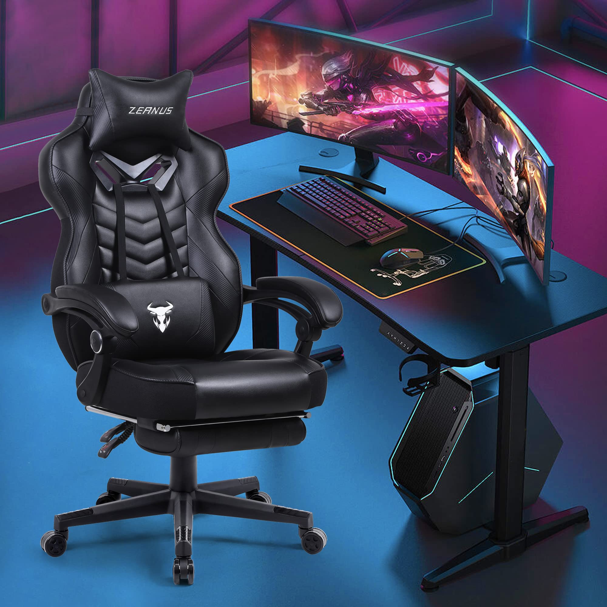 Zeanus Gaming Chairs for Adults Black Recliner Computer Chair with Footrest Ergonomic PC Gaming Chair with Massage High Back Chair for Gaming Big and Tall Gamer Chair Large Computer Gaming Chair