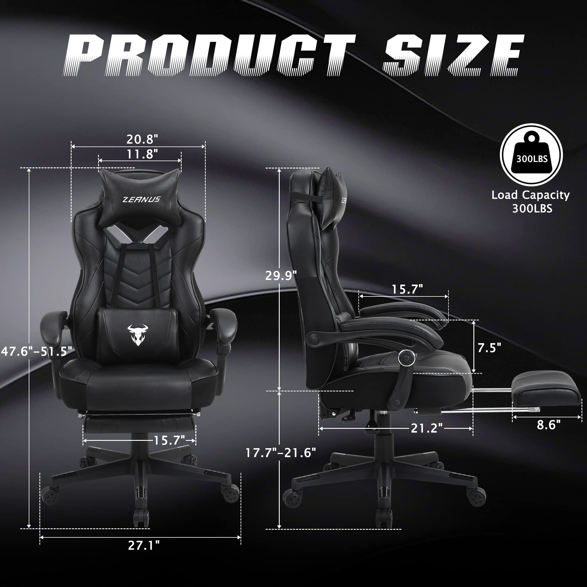 Zeanus Gaming Chairs for Adults Black Recliner Computer Chair with Footrest Ergonomic PC Gaming Chair with Massage High Back Chair for Gaming Big and Tall Gamer Chair Large Computer Gaming Chair