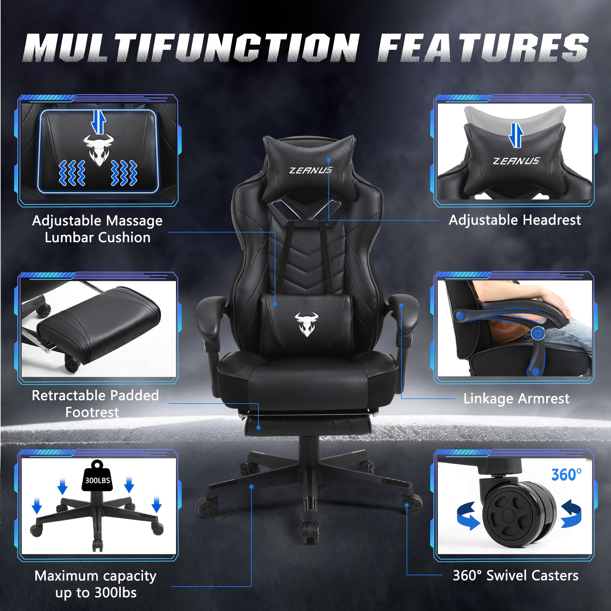 Zeanus Gaming Chairs for Adults Black Recliner Computer Chair with Footrest Ergonomic PC Gaming Chair with Massage High Back Chair for Gaming Big and Tall Gamer Chair Large Computer Gaming Chair