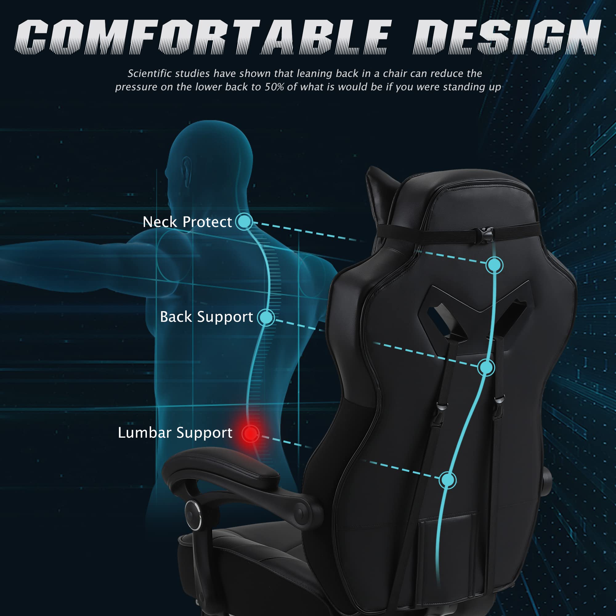 Zeanus Gaming Chairs for Adults Black Recliner Computer Chair with Footrest Ergonomic PC Gaming Chair with Massage High Back Chair for Gaming Big and Tall Gamer Chair Large Computer Gaming Chair