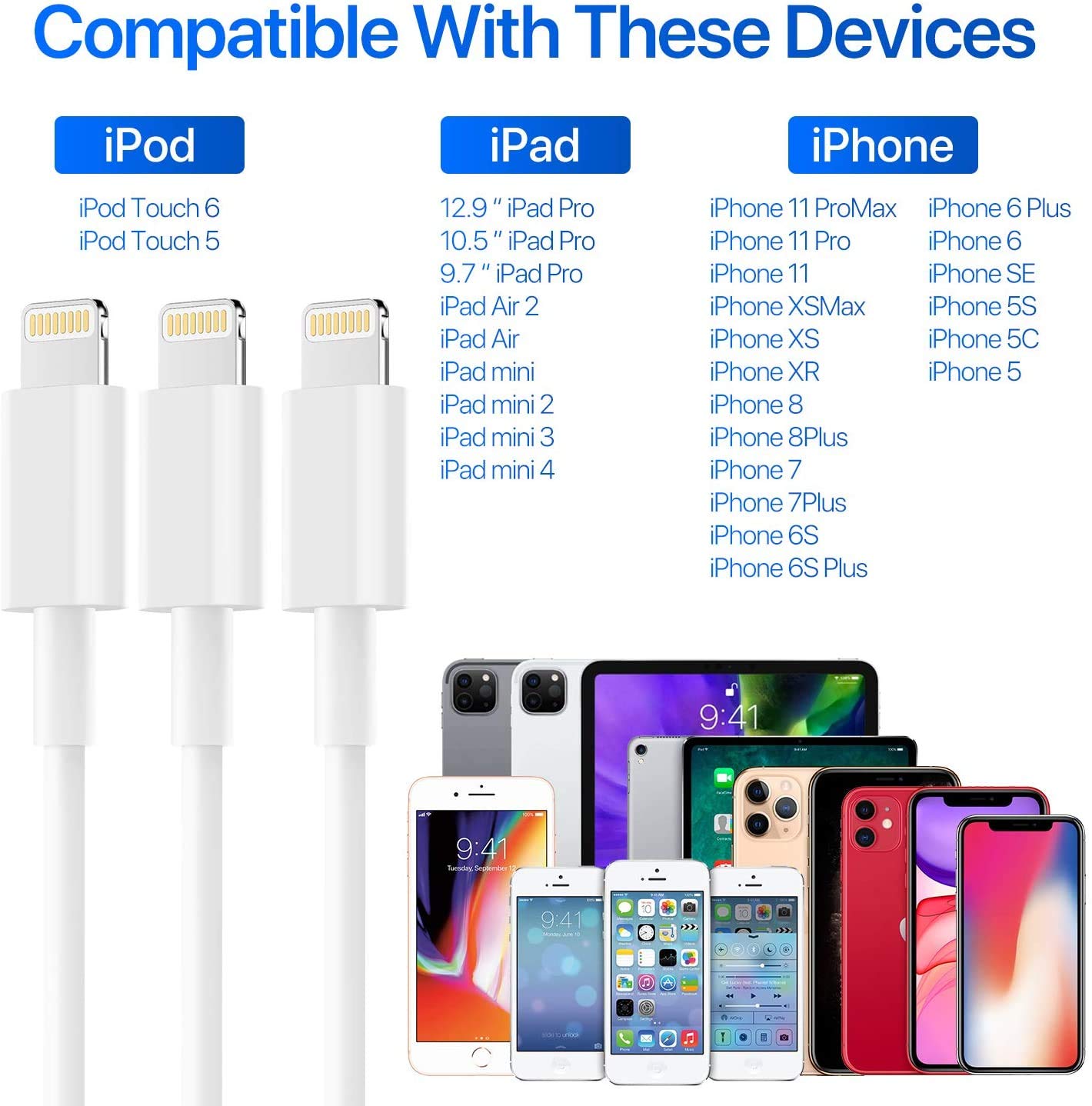 iPhone Charger, 4PACK 3/3/6/6Feet Long USB Charging Cable Fast Connector Data Sync Transfer Cord Compatible with iPhone 11 Pro Max XS XR X 8 7 6S 6 Plus SE 5S