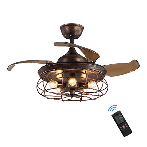 36" Industrial Reverse Ceiling Fan with Lights, Siljoy Vintage Rusty Cage Chandelier Fan Retractable Blades Fandelier with Remote Control for Farmhouse Dining Room Bedroom, 5 E26 Bulbs Not Included