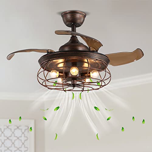 36" Industrial Reverse Ceiling Fan with Lights, Siljoy Vintage Rusty Cage Chandelier Fan Retractable Blades Fandelier with Remote Control for Farmhouse Dining Room Bedroom, 5 E26 Bulbs Not Included