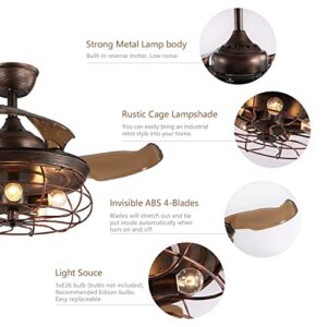 36" Industrial Reverse Ceiling Fan with Lights, Siljoy Vintage Rusty Cage Chandelier Fan Retractable Blades Fandelier with Remote Control for Farmhouse Dining Room Bedroom, 5 E26 Bulbs Not Included