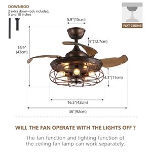 36" Industrial Reverse Ceiling Fan with Lights, Siljoy Vintage Rusty Cage Chandelier Fan Retractable Blades Fandelier with Remote Control for Farmhouse Dining Room Bedroom, 5 E26 Bulbs Not Included