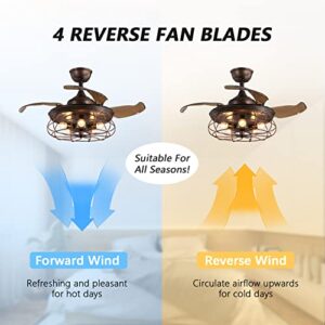 36" Industrial Reverse Ceiling Fan with Lights, Siljoy Vintage Rusty Cage Chandelier Fan Retractable Blades Fandelier with Remote Control for Farmhouse Dining Room Bedroom, 5 E26 Bulbs Not Included