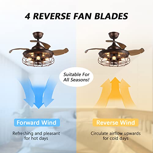 36" Industrial Reverse Ceiling Fan with Lights, Siljoy Vintage Rusty Cage Chandelier Fan Retractable Blades Fandelier with Remote Control for Farmhouse Dining Room Bedroom, 5 E26 Bulbs Not Included