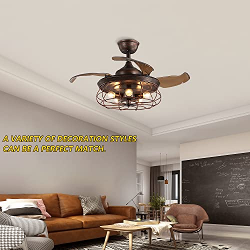 36" Industrial Reverse Ceiling Fan with Lights, Siljoy Vintage Rusty Cage Chandelier Fan Retractable Blades Fandelier with Remote Control for Farmhouse Dining Room Bedroom, 5 E26 Bulbs Not Included