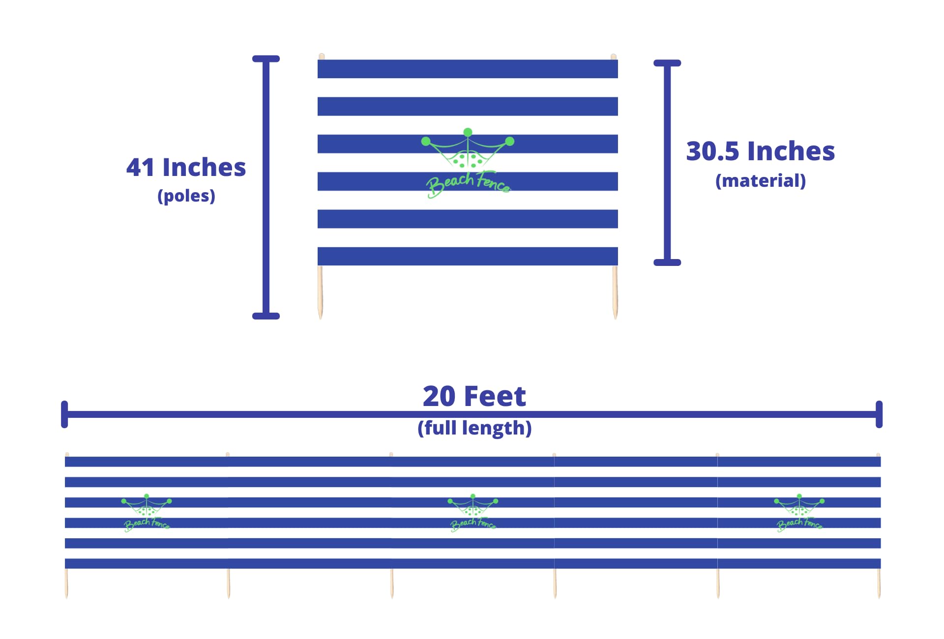 BEACH FENCE Premium 20 ft Beach Windscreen, Privacy Screen, Wind Blocker - Original Nautical, Free Rubber Mallet and Carry Bag Included