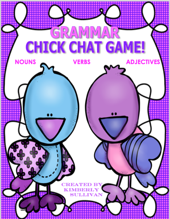 GRAMMAR CHICK CHAT GAME! NOUNS VERBS ADJECTIVES! TASK CARDS