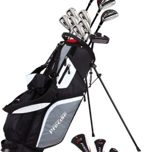 Precise M5 Men's Complete Golf Clubs Package Set Includes Titanium Driver, S.S. Fairway, S.S. Hybrid, S.S. 5-PW Irons, Putter, Stand Bag, 3 H/C's (Left Hand Tall Size +1")