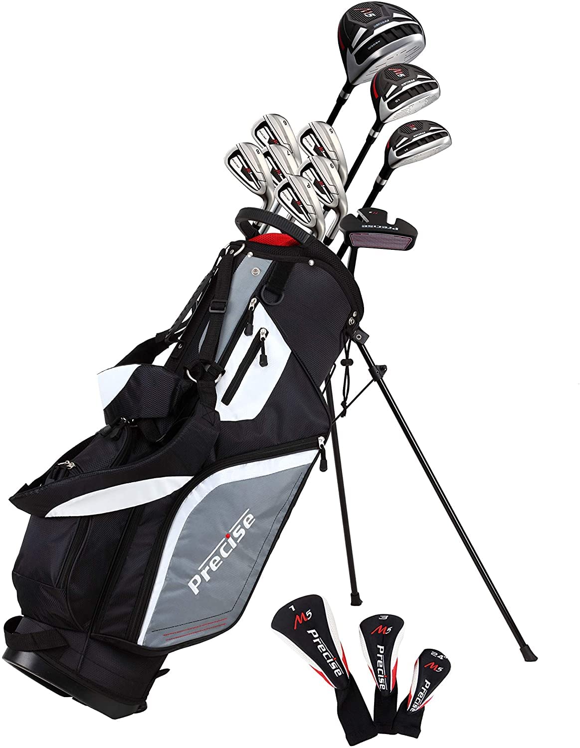 Precise M5 Men's Complete Golf Clubs Package Set Includes Titanium Driver, S.S. Fairway, S.S. Hybrid, S.S. 5-PW Irons, Putter, Stand Bag, 3 H/C's (Left Hand Tall Size +1")