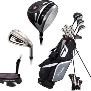 Precise M5 Men's Complete Golf Clubs Package Set Includes Titanium Driver, S.S. Fairway, S.S. Hybrid, S.S. 5-PW Irons, Putter, Stand Bag, 3 H/C's (Left Hand Tall Size +1")