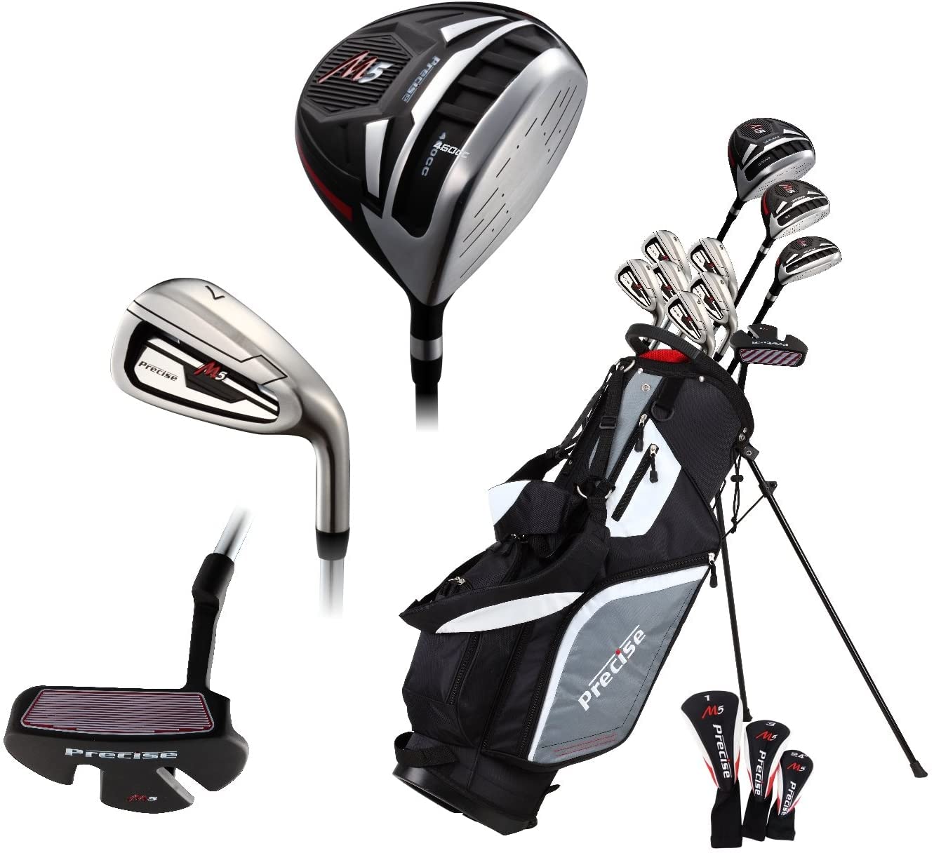 Precise M5 Men's Complete Golf Clubs Package Set Includes Titanium Driver, S.S. Fairway, S.S. Hybrid, S.S. 5-PW Irons, Putter, Stand Bag, 3 H/C's (Left Hand Tall Size +1")